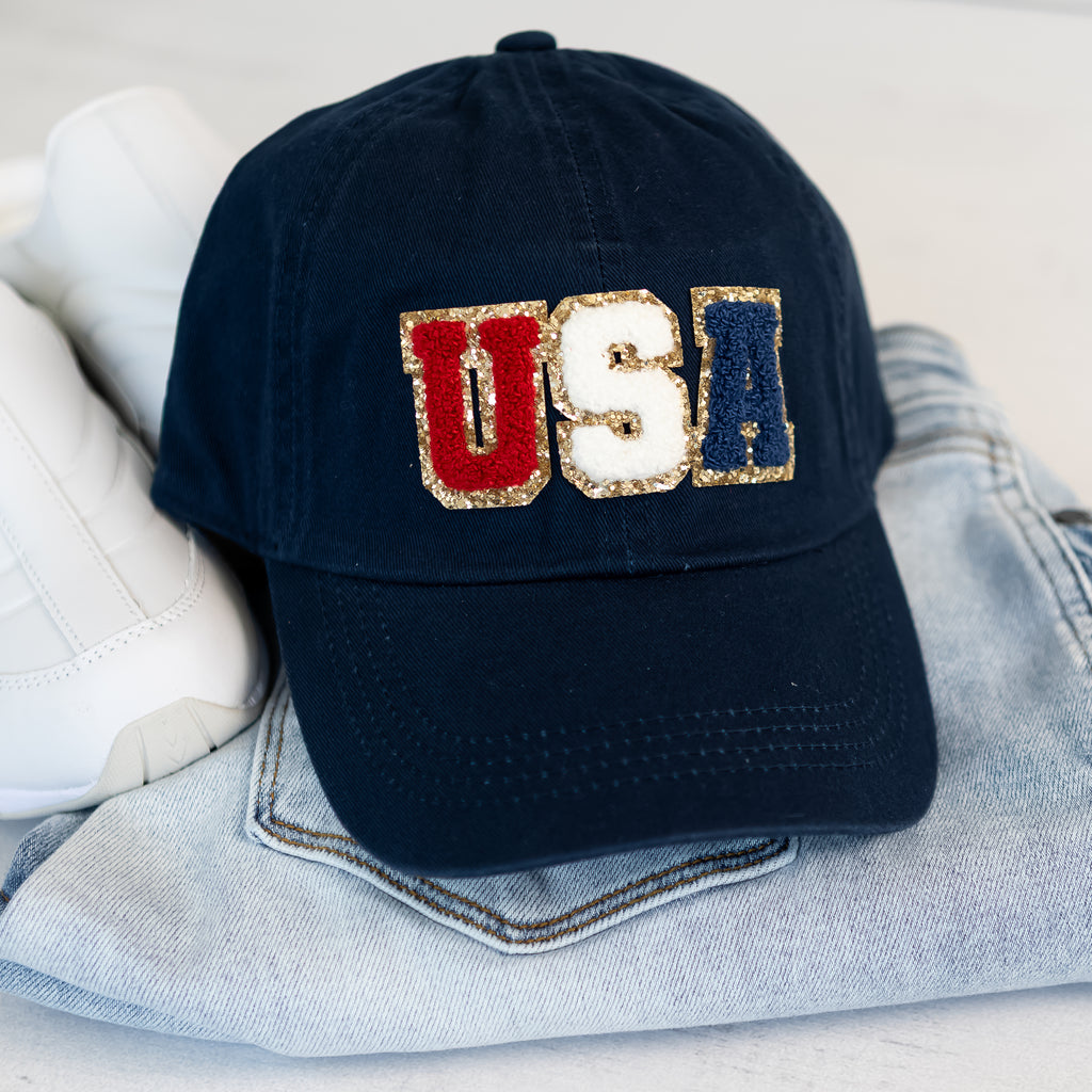 USA Gold Glitter Chenille Baseball Cap in Navy Blue – Bennett Avenue ...